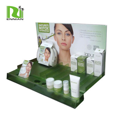 custom matt green acrylic plate display stands acrylic cosmetic counter display stand ,acrylic makeup countertop display supplier