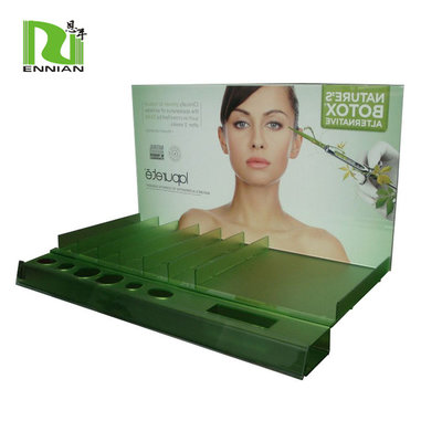 custom matt green acrylic plate display stands acrylic cosmetic counter display stand ,acrylic makeup countertop display supplier
