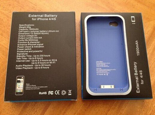 Women Emergency External Battery Case 1900mah colorful for Iphone 4 / 4s