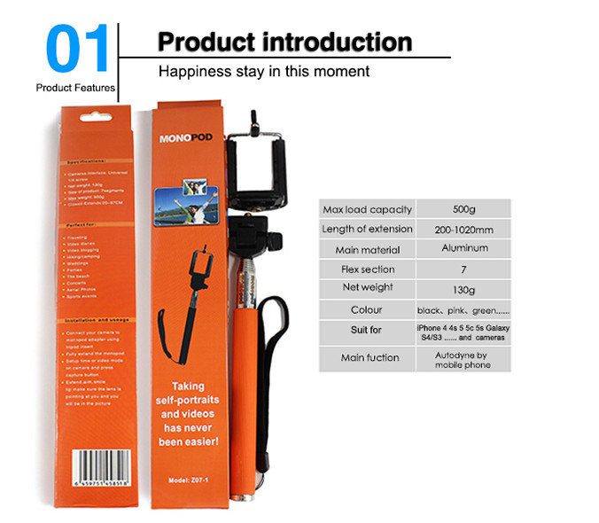 Colorful Selfie Stick Mobile Phone Monopod Extandable Lightweight