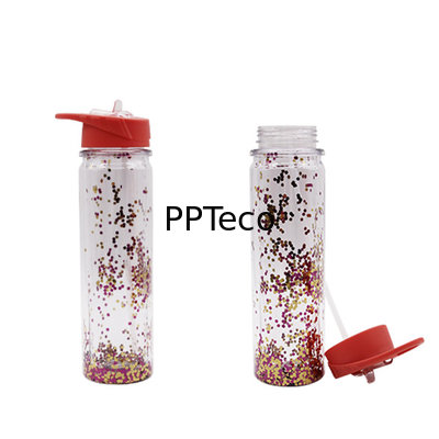 SGS FDA Sport Custom Color 550ML Double Wall BPA Free Glitter Plastic drinking Water Bottle with straw
