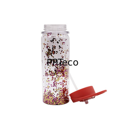 SGS FDA Sport Custom Color 550ML Double Wall BPA Free Glitter Plastic drinking Water Bottle with straw