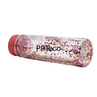 SGS FDA Sport Custom Color 550ML Double Wall BPA Free Glitter Plastic drinking Water Bottle with straw