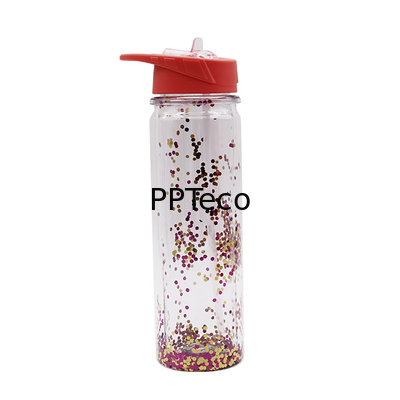 SGS FDA Sport Custom Color 550ML Double Wall BPA Free Glitter Plastic drinking Water Bottle with straw