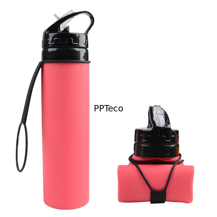 Wholesale Silicone BPA Free Foldable Collapsible Drinking Bottle with Customized Logo & Straw Lid