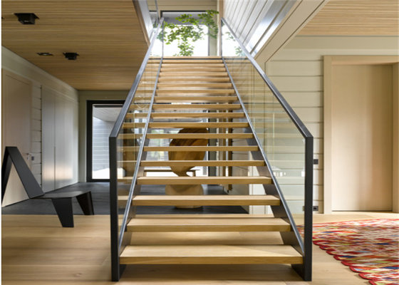 Customized Straight Flight Staircase Solid Wood Treads Double Stringer Diy Installation