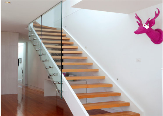 Easy Assembling Modern Straight Staircase , Steel Wood Stairs For Public Project