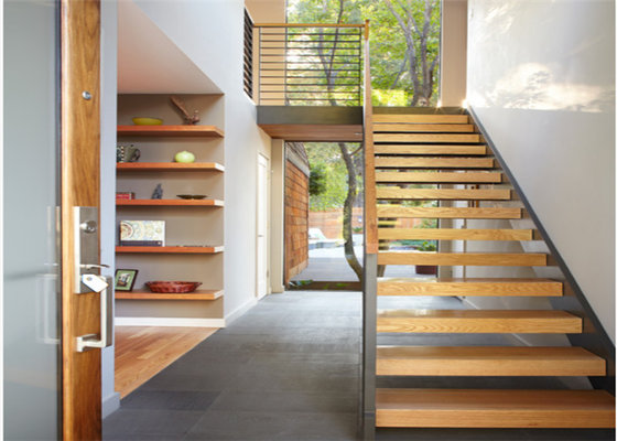 Easy Assembling Modern Straight Staircase , Steel Wood Stairs For Public Project