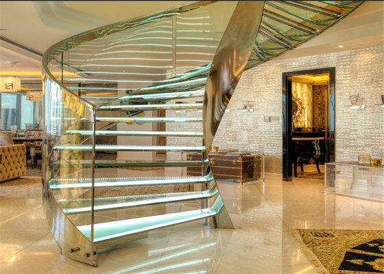 Modern Curved Basement Stairs Laminated Tempered Glass Luxury Staircase Design