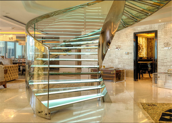 Laminated Glass Tread Building Curved Staircase With Stainless Steel Post Railing