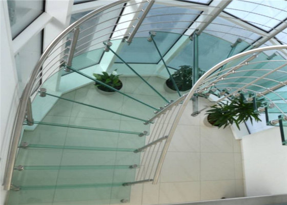 Laminated Glass Tread Building Curved Staircase With Stainless Steel Post Railing