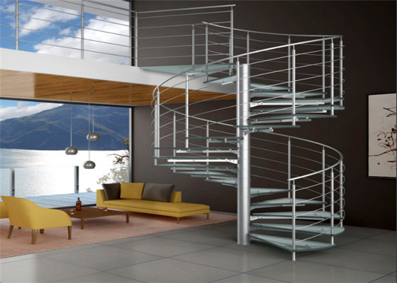 Brushed Stainless Steel Glass Space Saving Spiral Staircase With Rob Railing