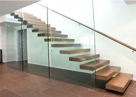 Contemporary Wooden Floating Steps Staircase With Invisible Stringer , Laminated Glass Tread