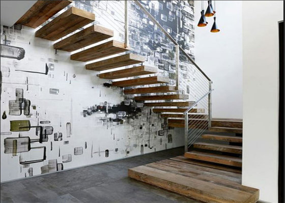 Contemporary Wooden Floating Steps Staircase With Invisible Stringer , Laminated Glass Tread