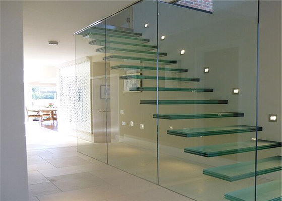 Steel Material Modern Floating Stairs With Tempered Laminated Glass Tread