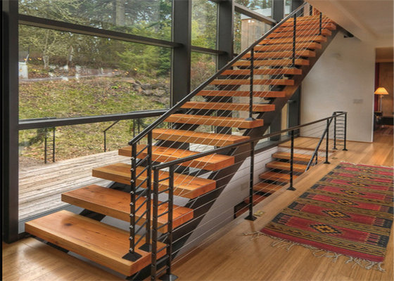 Double Side Plate Steel Structure Staircase Open Riser Indoor With Glass Railing