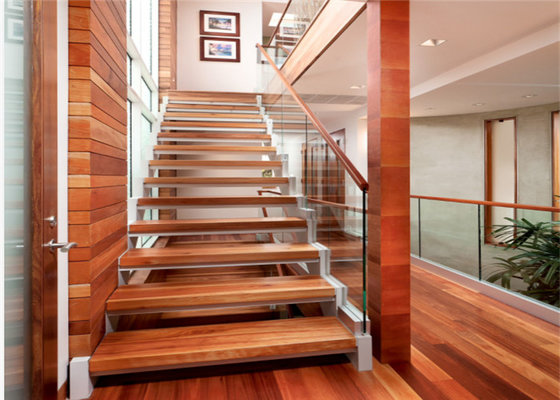 Double Side Plate Steel Structure Staircase Open Riser Indoor With Glass Railing