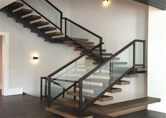 Straight U Shaped Staircase Design Carbon Steel Beam Wooden Treads Long Lifespan