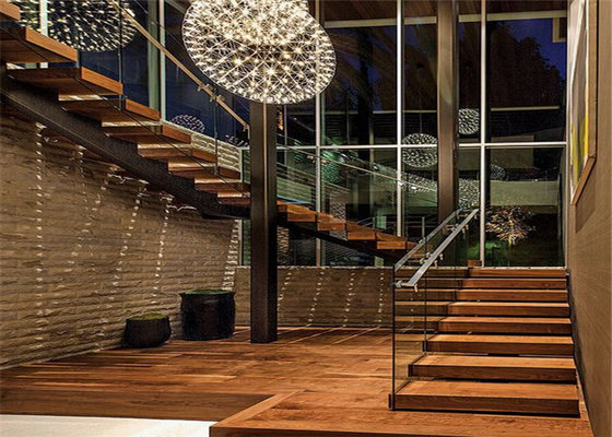 Straight U Shaped Staircase Design Carbon Steel Beam Wooden Treads Long Lifespan