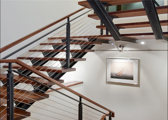 Straight U Shaped Staircase Design Carbon Steel Beam Wooden Treads Long Lifespan