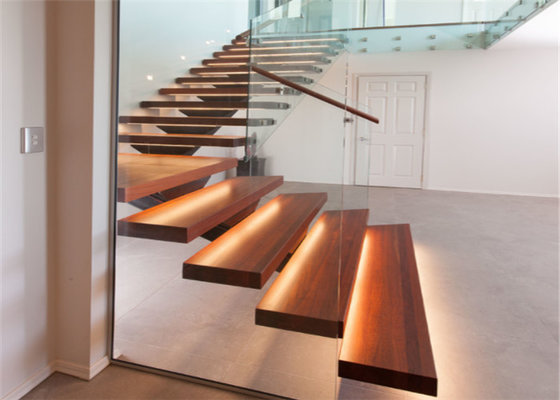 Indoor Straight Flight Staircase With Solid Wood Treads / Laminated Glass Treads