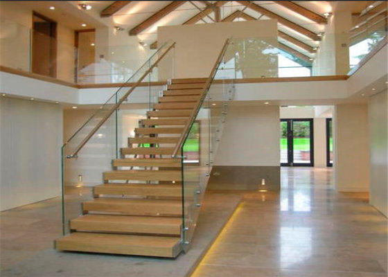 Indoor Straight Flight Staircase With Solid Wood Treads / Laminated Glass Treads
