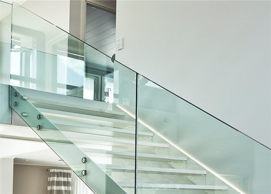 Indoor Straight Flight Staircase With Solid Wood Treads / Laminated Glass Treads