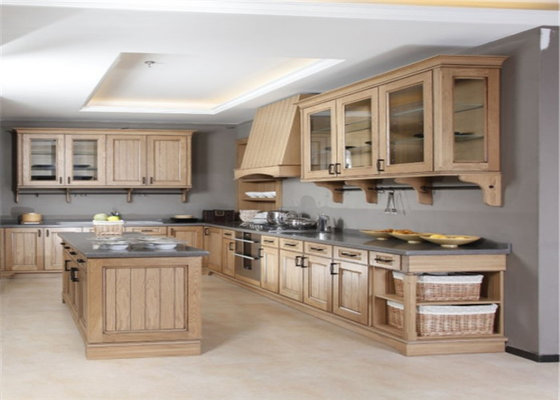 Contemporary L Shaped Kitchen Cabinets With Glass Door And Red Paint Island