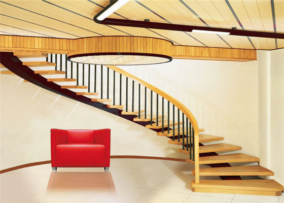Wood Treada Arc Building Curved Stairs Carbon Steel Stringer Painting Finish