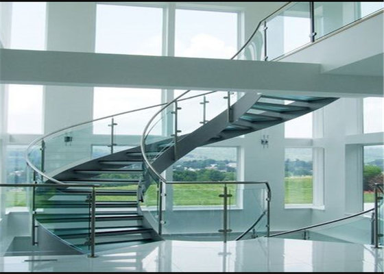 Wood Treada Arc Building Curved Stairs Carbon Steel Stringer Painting Finish