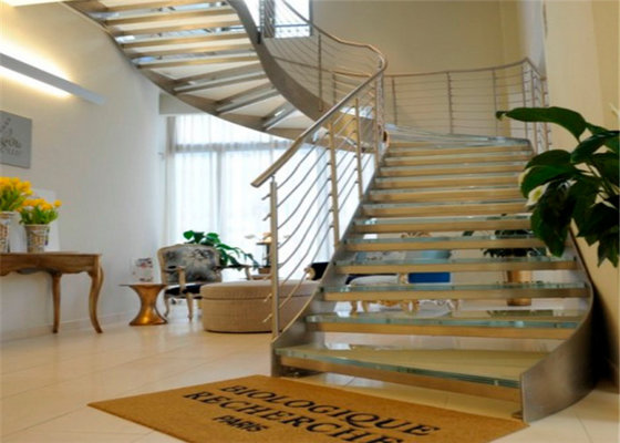 Apartment Building Curved Stairs Wood Tread Stainless Steel Railing Syestem