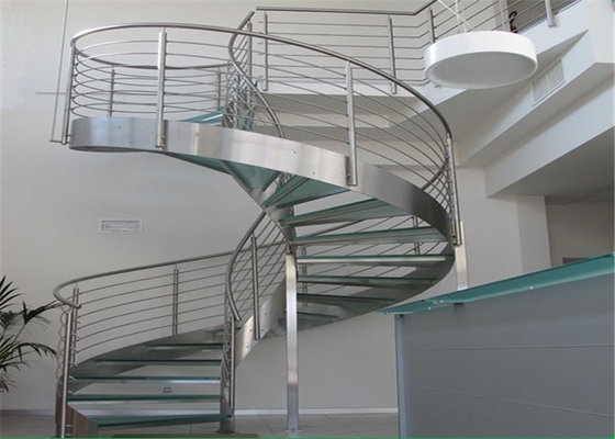 Apartment Building Curved Stairs Wood Tread Stainless Steel Railing Syestem