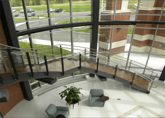Building Interior Curved Stairs Double U Channel Stringer With Tempered Glass Railing