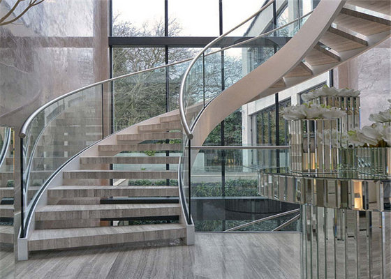 Building Interior Curved Stairs Double U Channel Stringer With Tempered Glass Railing