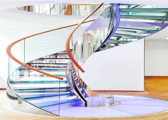 Round Curved Glass Staircase Stainless Steel Building Stairs Easy Assemblying