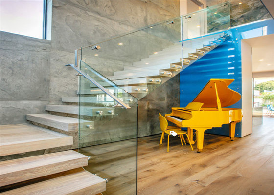Concealed Keel Floating Steps Staircase With Tempered Glass Railing Systems