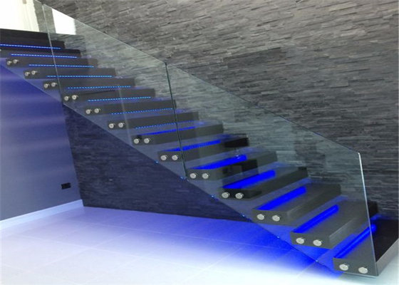 Glass Led Staircase Modern Straight Floating Stairs With Laminate Glass Steps