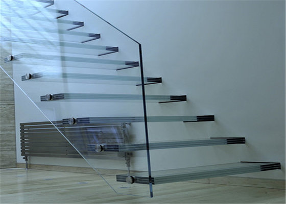 Glass Led Staircase Modern Straight Floating Stairs With Laminate Glass Steps