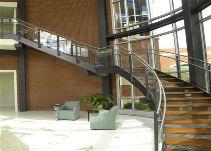 Building Interior Curved Stairs Double U Channel Stringer With Tempered Glass Railing