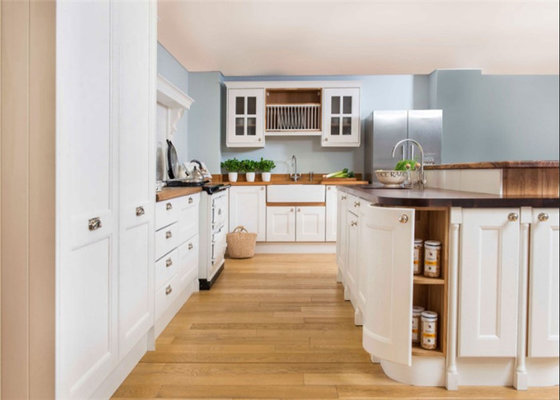 Contemporary L Shaped Kitchen Cabinets With Glass Door And Red Paint Island
