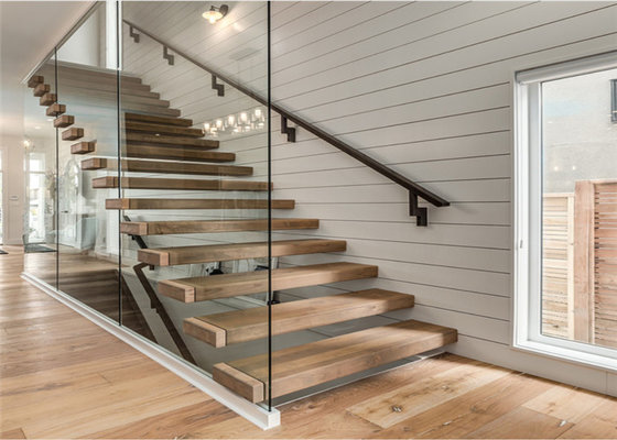 Indoor Floating Steps Staircase Led Stairs With Wood Tread , Customize Size