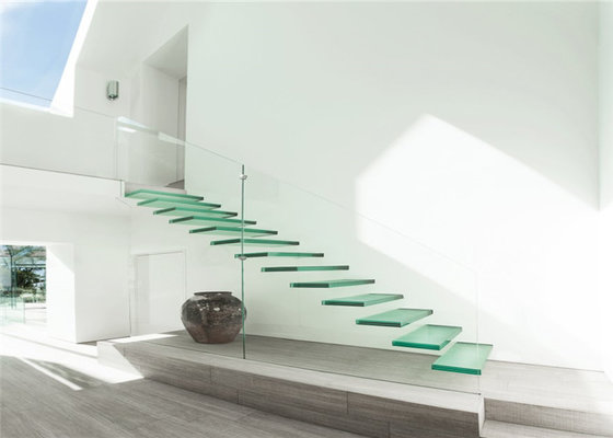 Glass Led Staircase Modern Straight Floating Stairs With Laminate Glass Steps