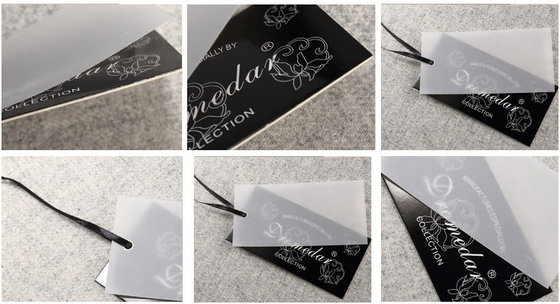 Papel preto etiquetas impressas do cair com cordas do Livro Branco e da fita