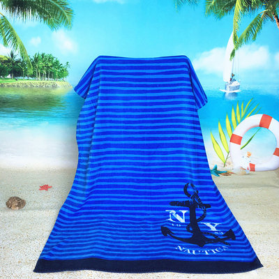 Blue Striped Oversized Beach Towels With 100% Terry / Velour Cotton