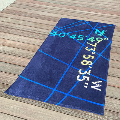 Multi Stripe Navy Printed Beach Towels With Longitude Latitude Monogrammed