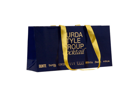 Golden Ribbon Glossy Large Printed Paper Gift Bags Dark Blue For Shopping