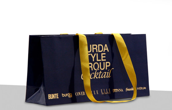 Golden Ribbon Glossy Large Printed Paper Gift Bags Dark Blue For Shopping