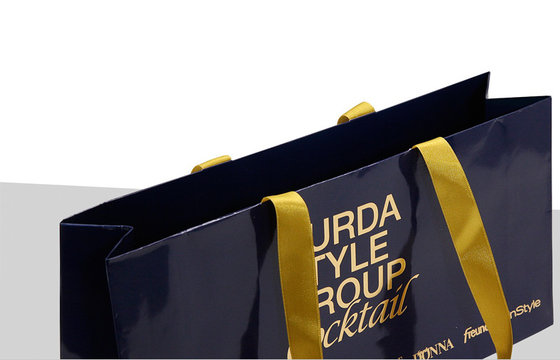 Golden Ribbon Glossy Large Printed Paper Gift Bags Dark Blue For Shopping