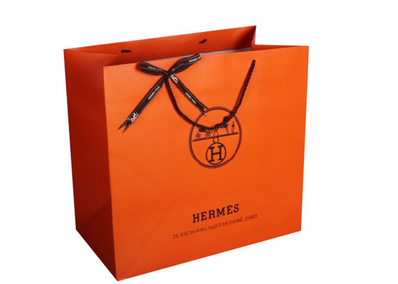 Elegant Orange Color Branded Paper Bag Logo Printed Cord Handle With Bow