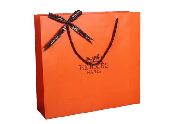 Elegant Orange Color Branded Paper Bag Logo Printed Cord Handle With Bow